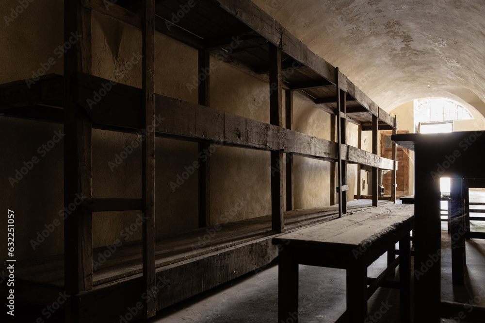 Wooden bunk beds in mass prison cells in the Small Fortress, which ...