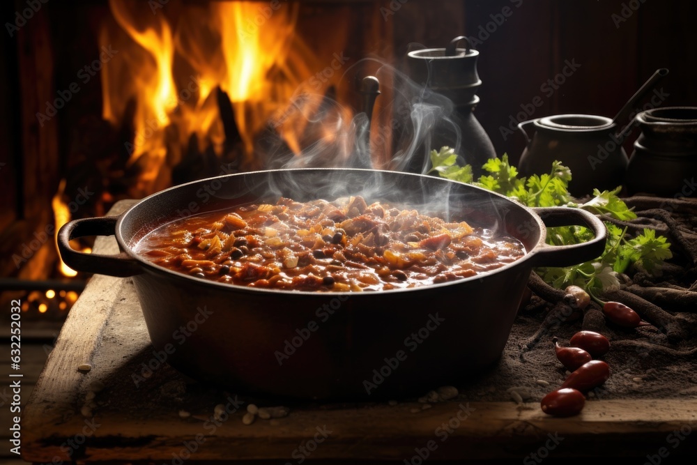 steamy pot of chili on rustic stovetop Stock Photo | Adobe Stock