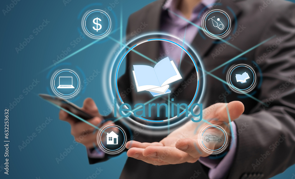 E-Learning Concept. Businessman Holding Holographic World Globe And ...