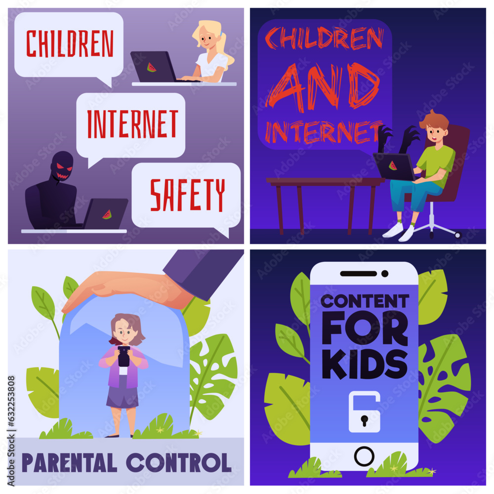 Children internet safety posters set, flat vector illustration. Stock ...