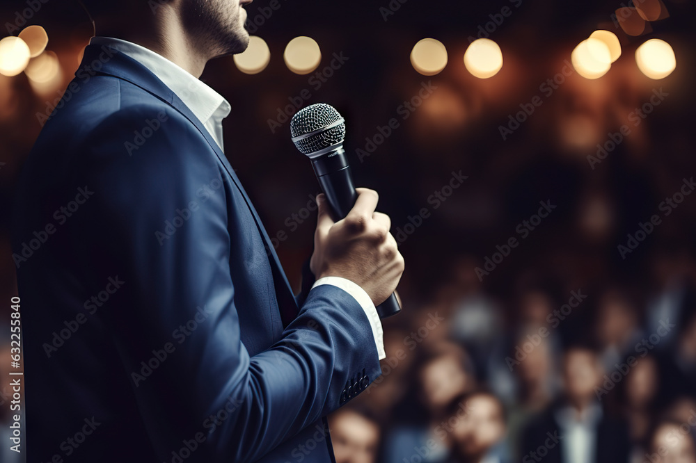 Dynamic Public Speaking Speaker Man Engages Audience with Microphone on ...