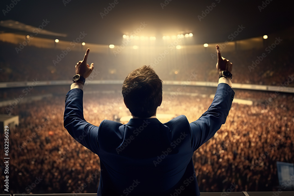 Empowering Moments Motivational Speaker Inspiring the Crowd with Raised ...