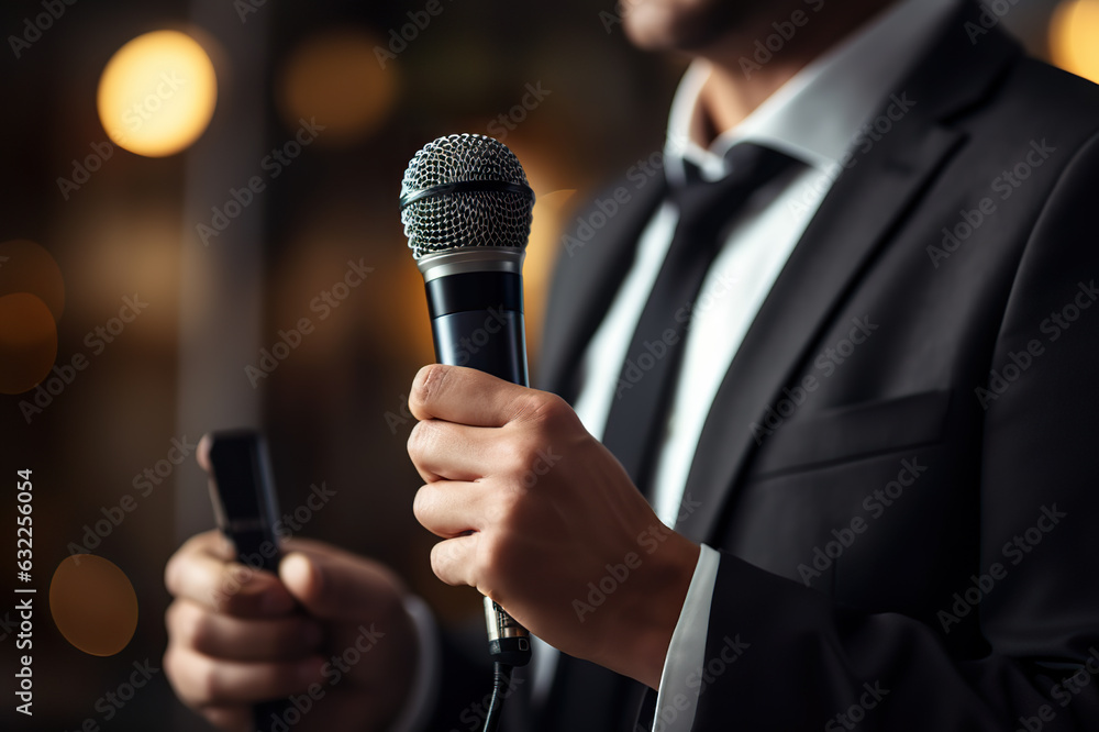 Business Man Holding Microphone, Delivering Speech in Suit for Audience ...