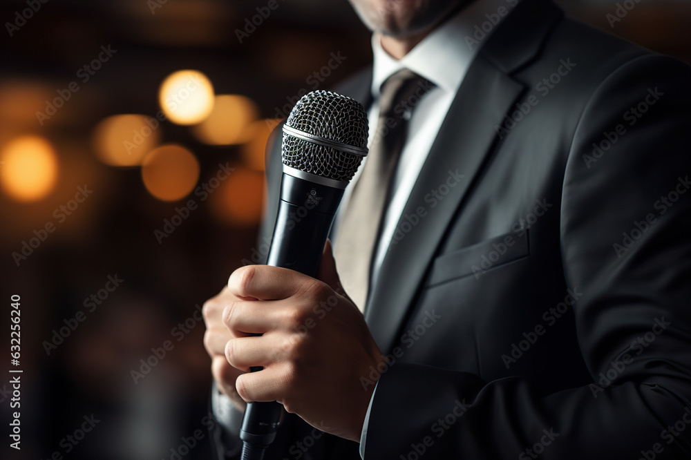 Business Man Holding Microphone, Delivering Speech in Suit for Audience ...