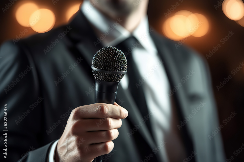 Business Man Holding Microphone, Delivering Speech in Suit for Audience ...