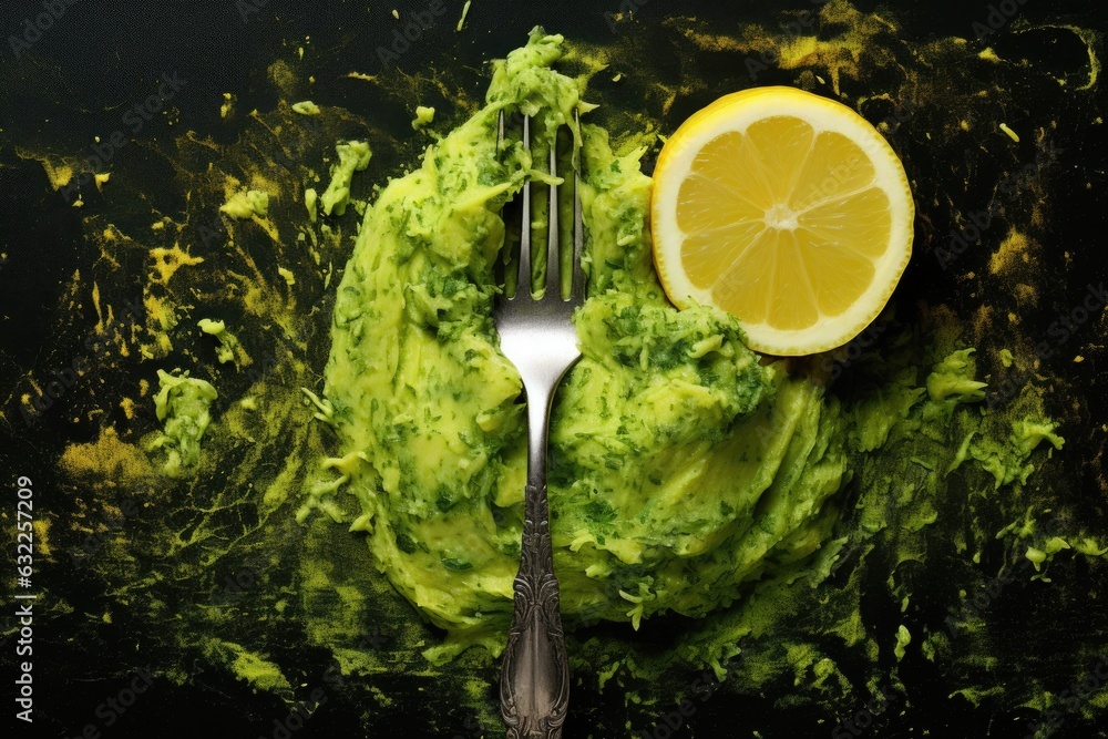 mashed avocado texture with a fork and lemon wedge Stock Photo | Adobe ...