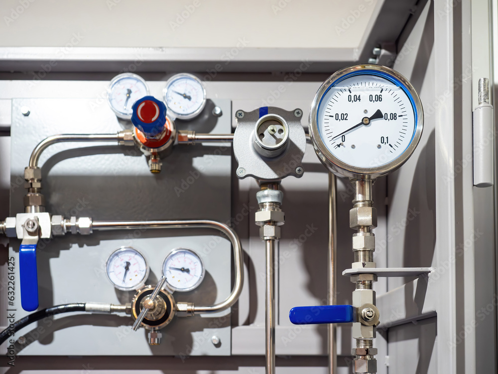 Gas pumping station. Metal box with manometers. Gas distribution board ...