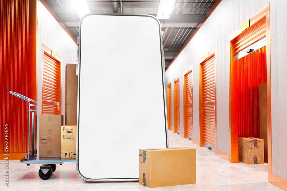 Warehouse mock up. Phone with blank screen. Storage rooms rental ...