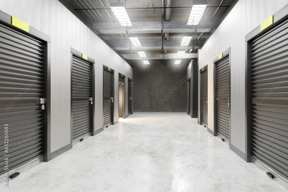 Storage rooms. Corridor with black shutters. Warehouse hangar interior ...