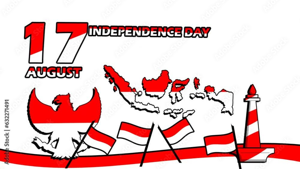Indonesia independence day video background animation, with national symbol Garuda, Monument ...