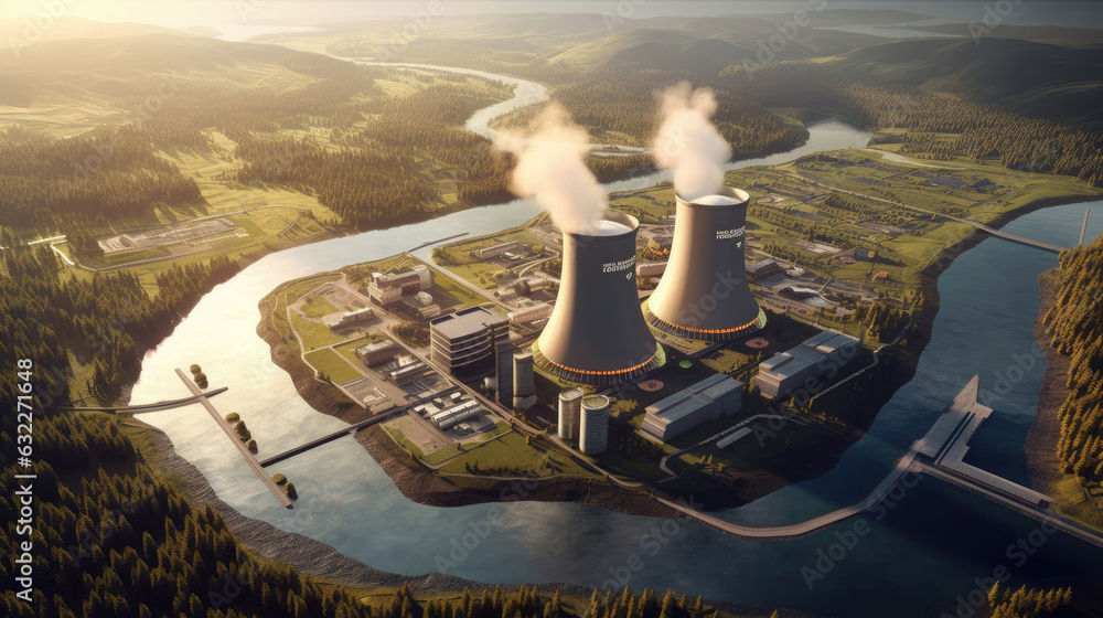 Nuclear Power Station. View of drone of nuclear power plant and river ...