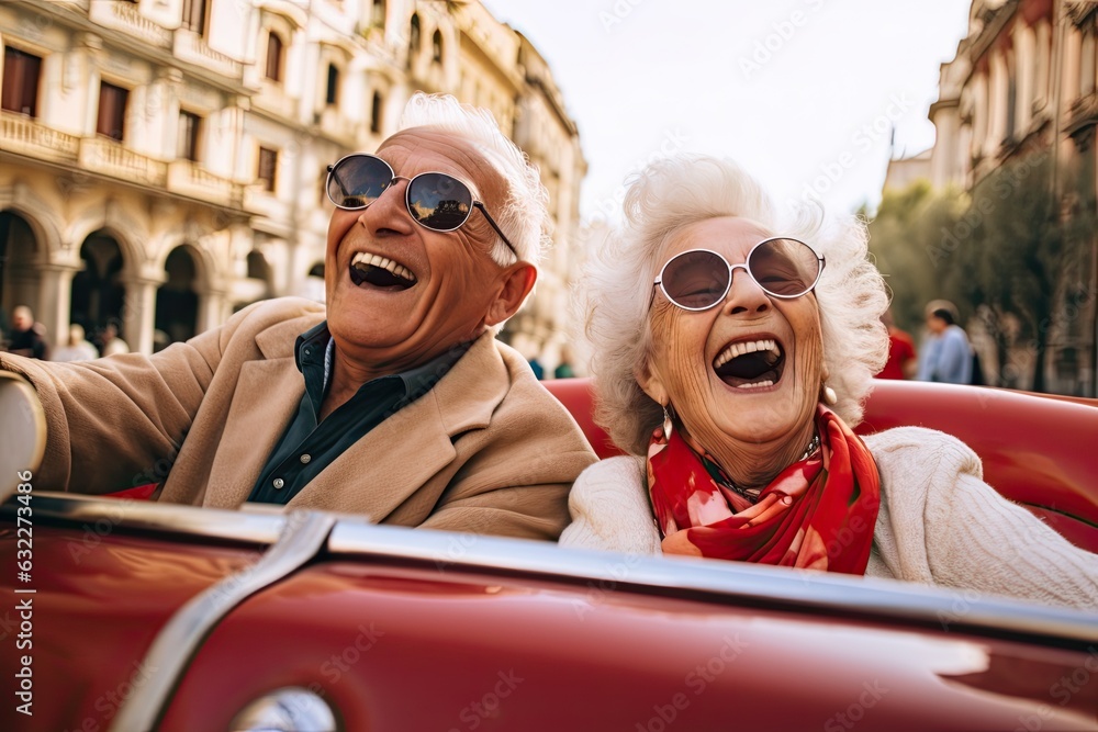 Happy old couple driving an old timer through an Italian town on their ...