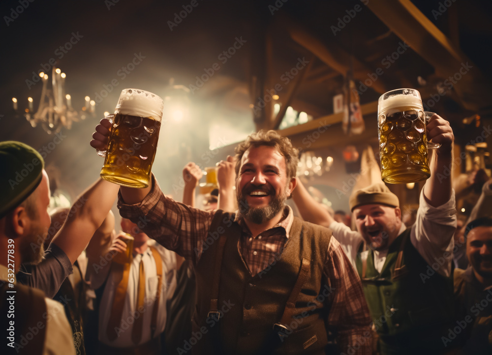 German men drinking beer from large mugs during the October fest or ...