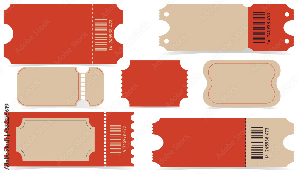 Set in classic colors of seven blank tickets. Red-beige ticket mockups ...