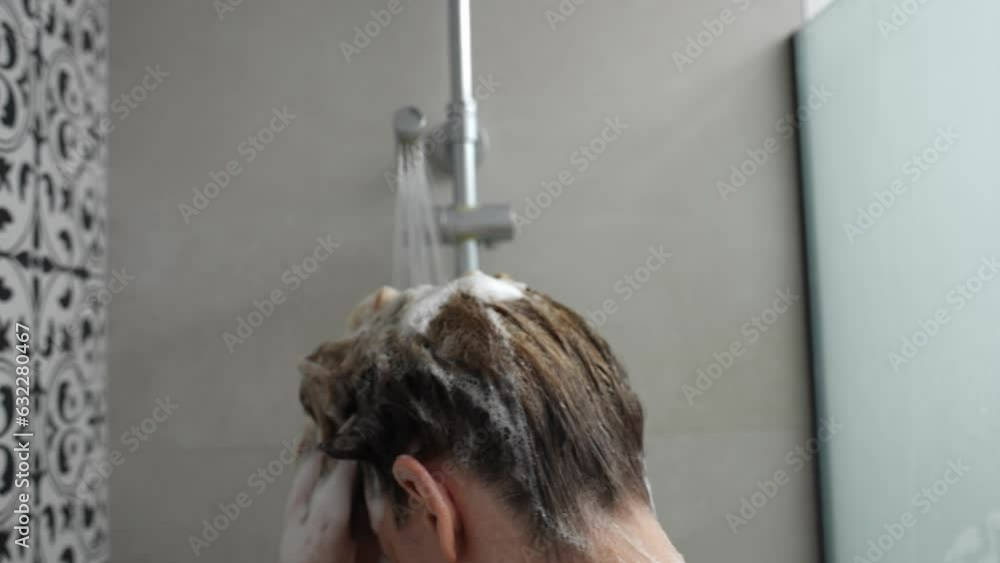 Back View Of Naked Woman Taking Shower In Shower Stall Woman Washing