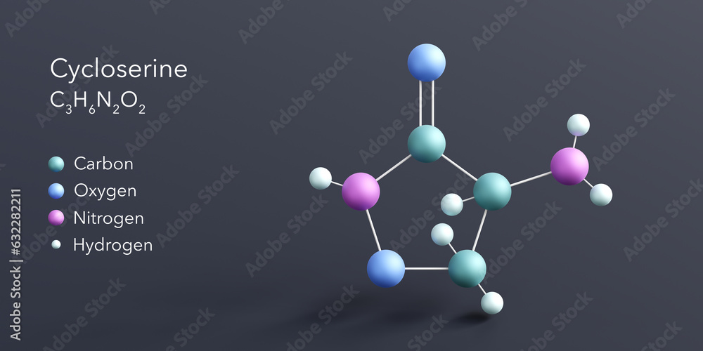 cycloserine molecule 3d rendering, flat molecular structure with ...