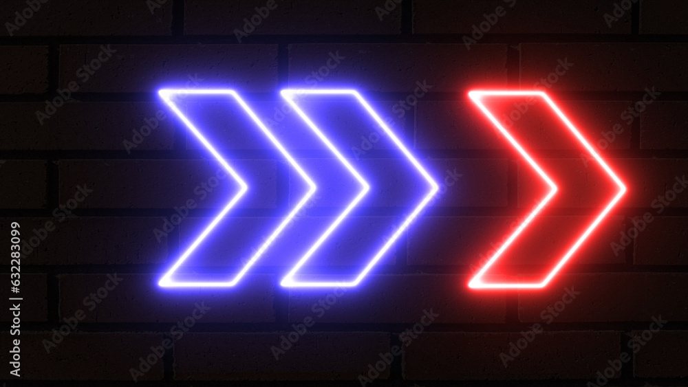 Glowing directional right arrow neon sign. Set of bright neon light ...