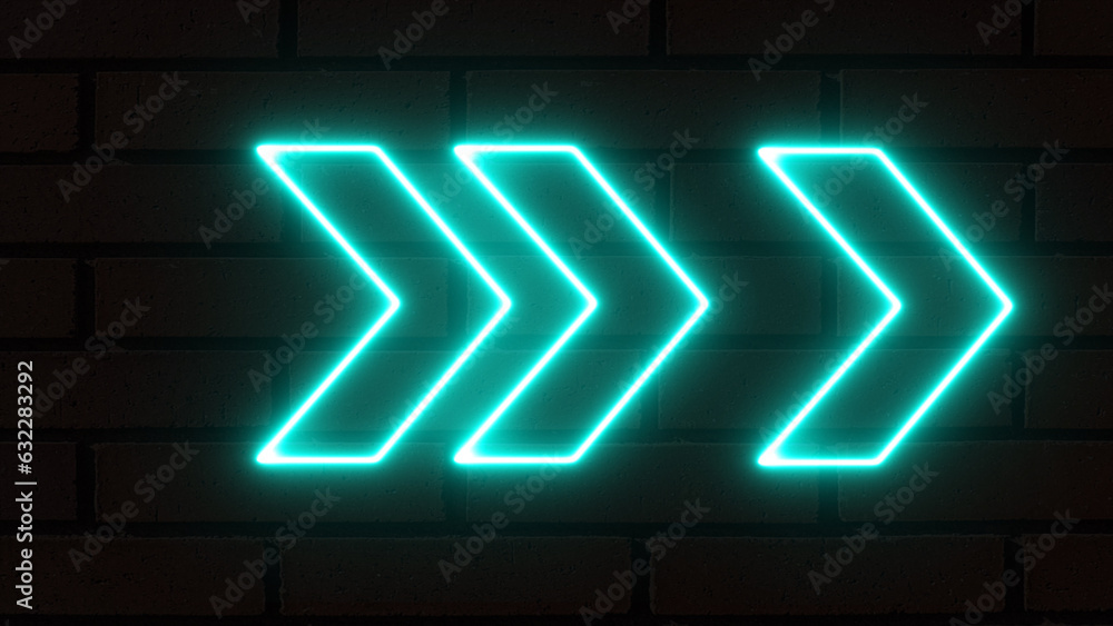 Glowing directional right arrow neon sign. Set of bright blue neon ...