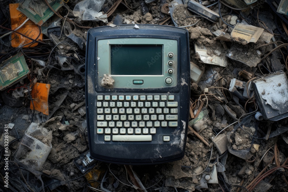 Old calculator on a pile of garbage. Concept of pollution of the ...
