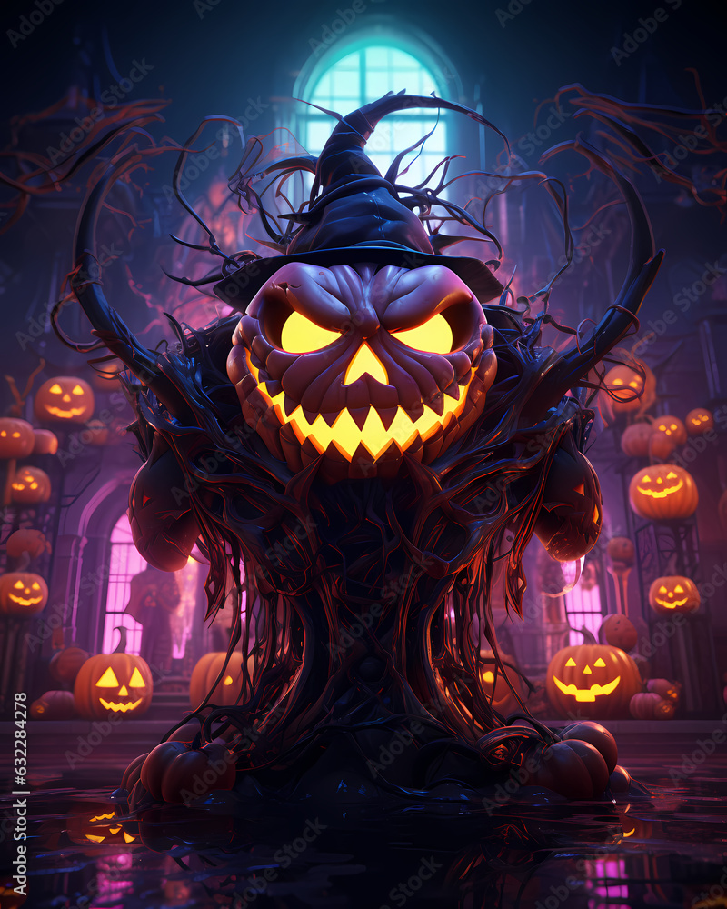 Halloween headless horseman, pumpkin, RTX , NEON LIGHTS, 4:5 aspect ...