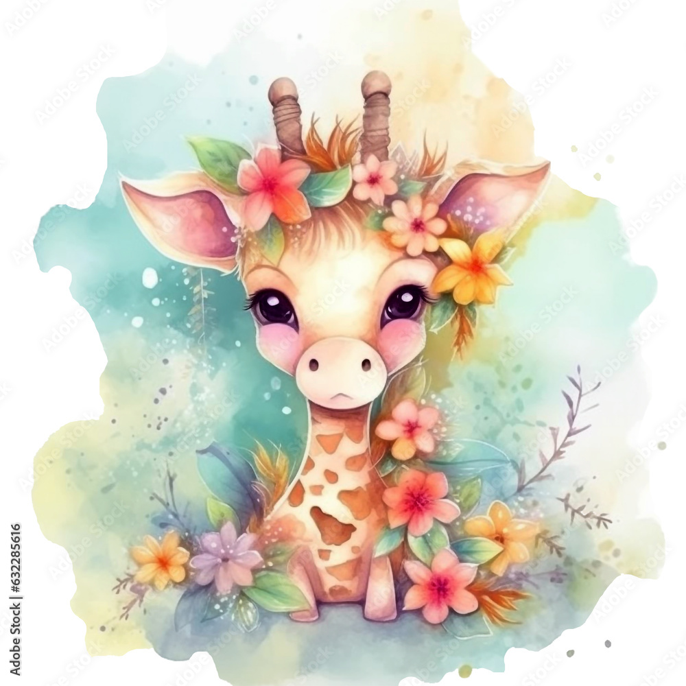 dreamy watercolor cute happy chibi giraffe with flowery fairytale ...