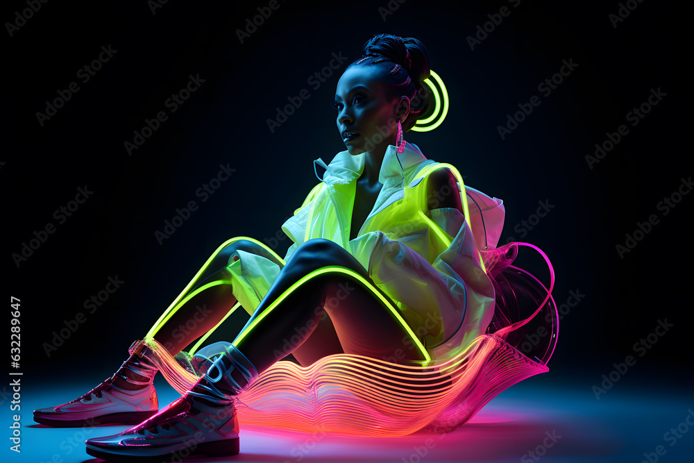 African woman in neon costume and neon shoes, in the style of ...