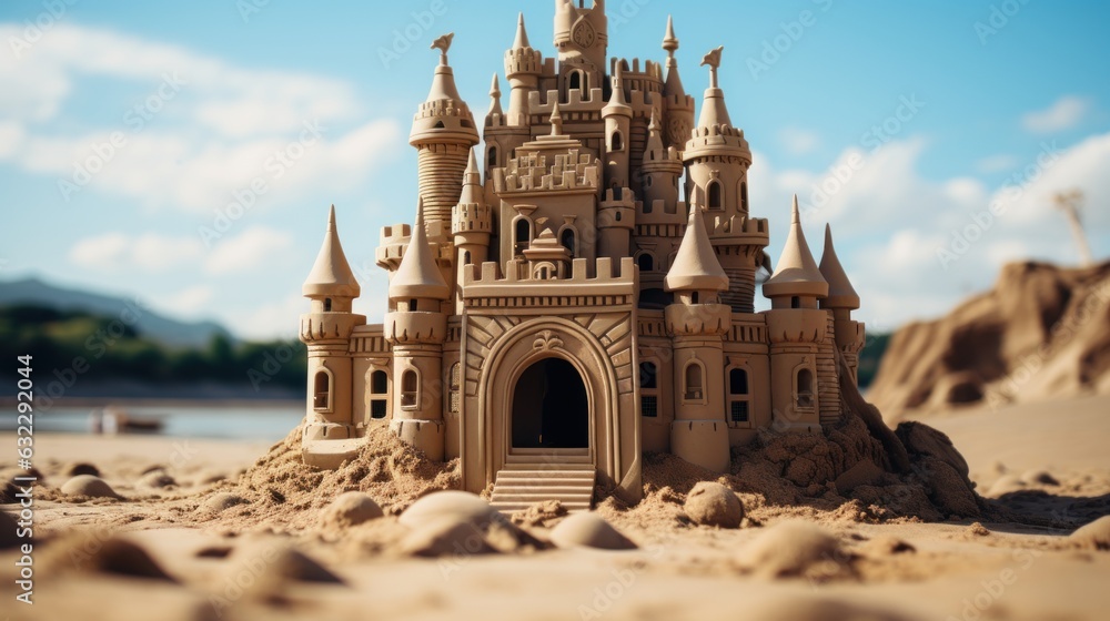 Portrait of an amazing sandcastle with a softboard next to it, on the ...