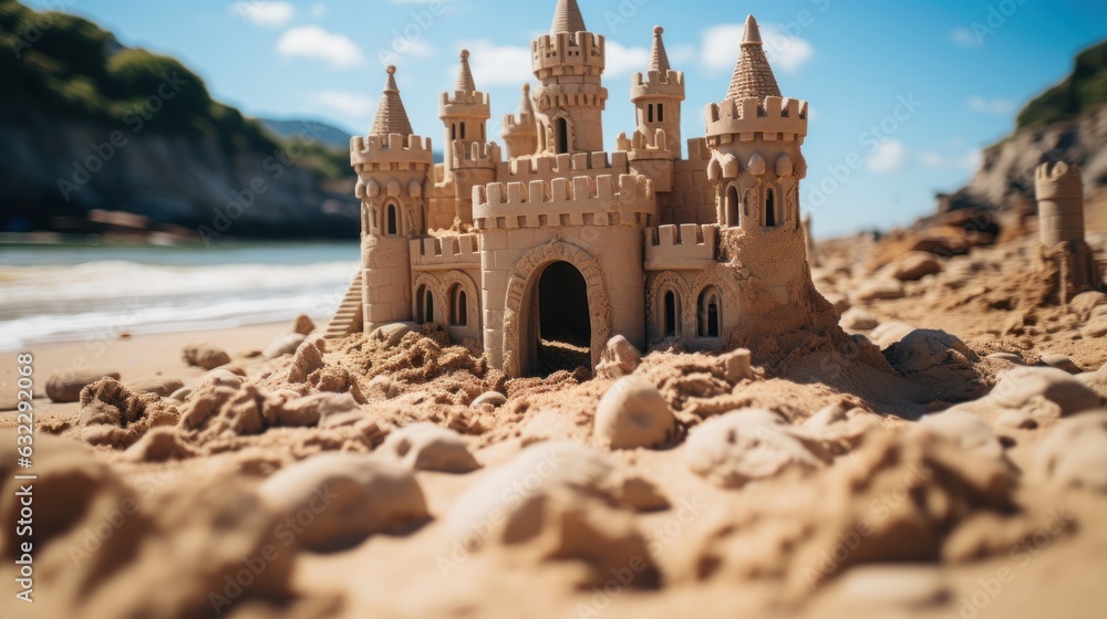 Portrait of an amazing sandcastle with a softboard next to it, on the ...