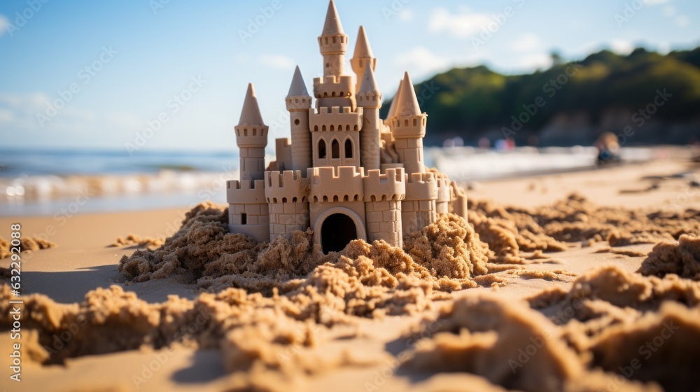 Portrait of an amazing sandcastle with a softboard next to it, on the ...
