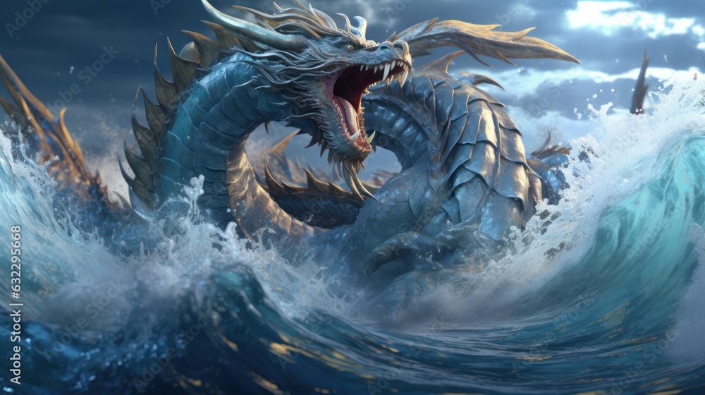 magic water dragon roaring beneath the waves, ai tools generated image ...