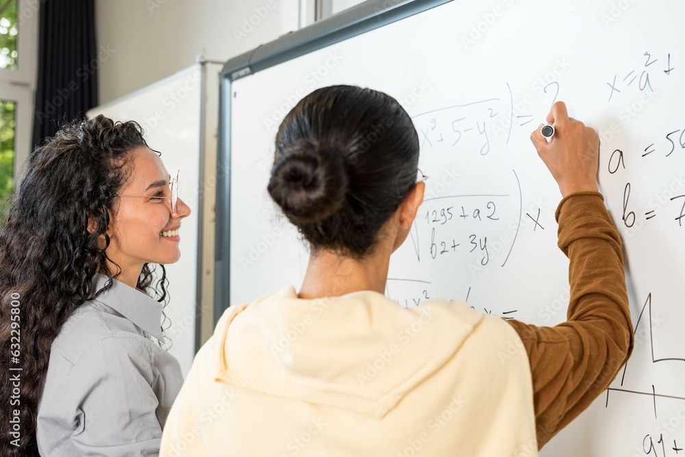 Back view. Two young female students standing at a white board solving ...