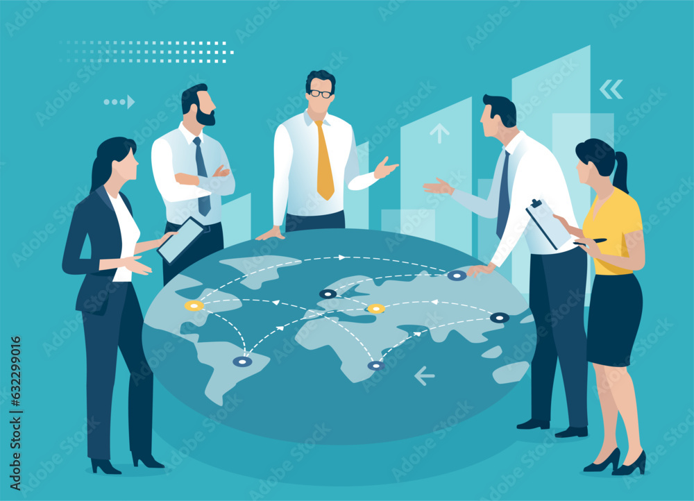 Global trade, investing. The team has a discussion at a round table ...