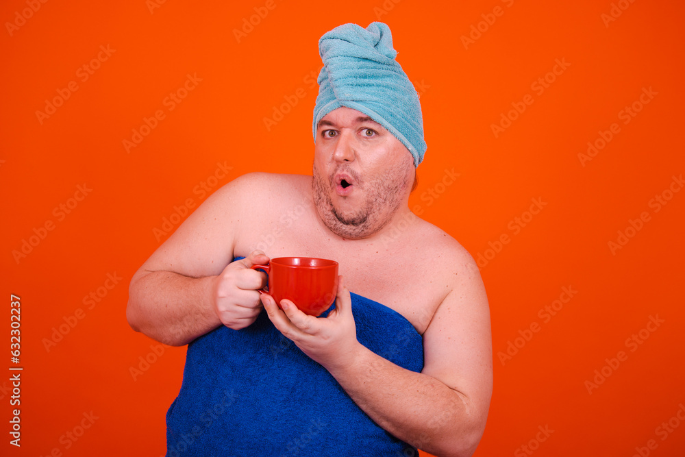 Early morning or late evening at Drag Queen. Funny fat man wrapped in ...