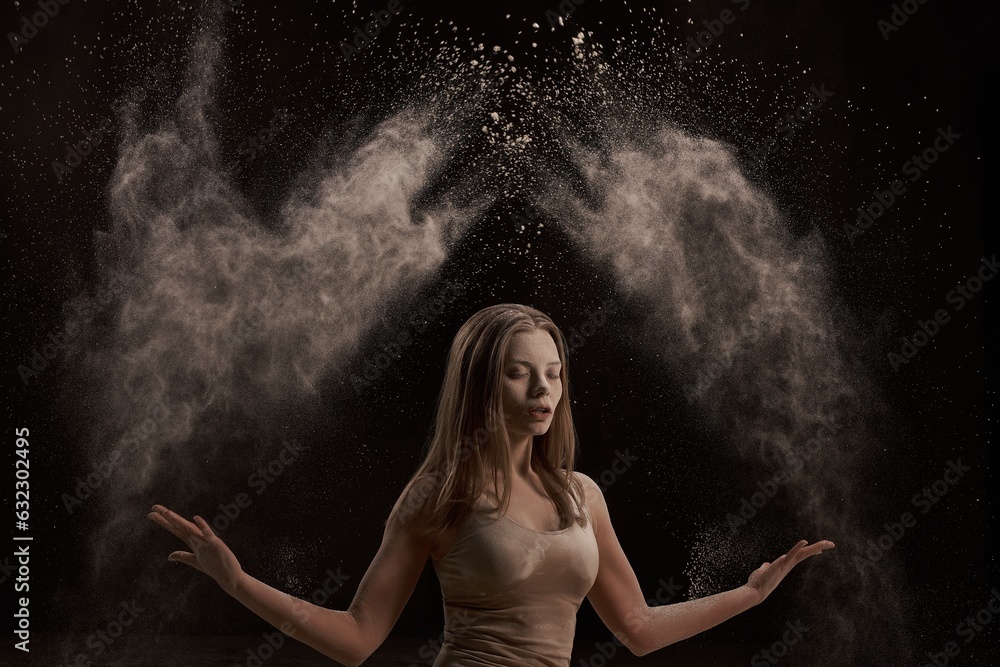 Slim lady in underwear throwing dust from both sides on black ...