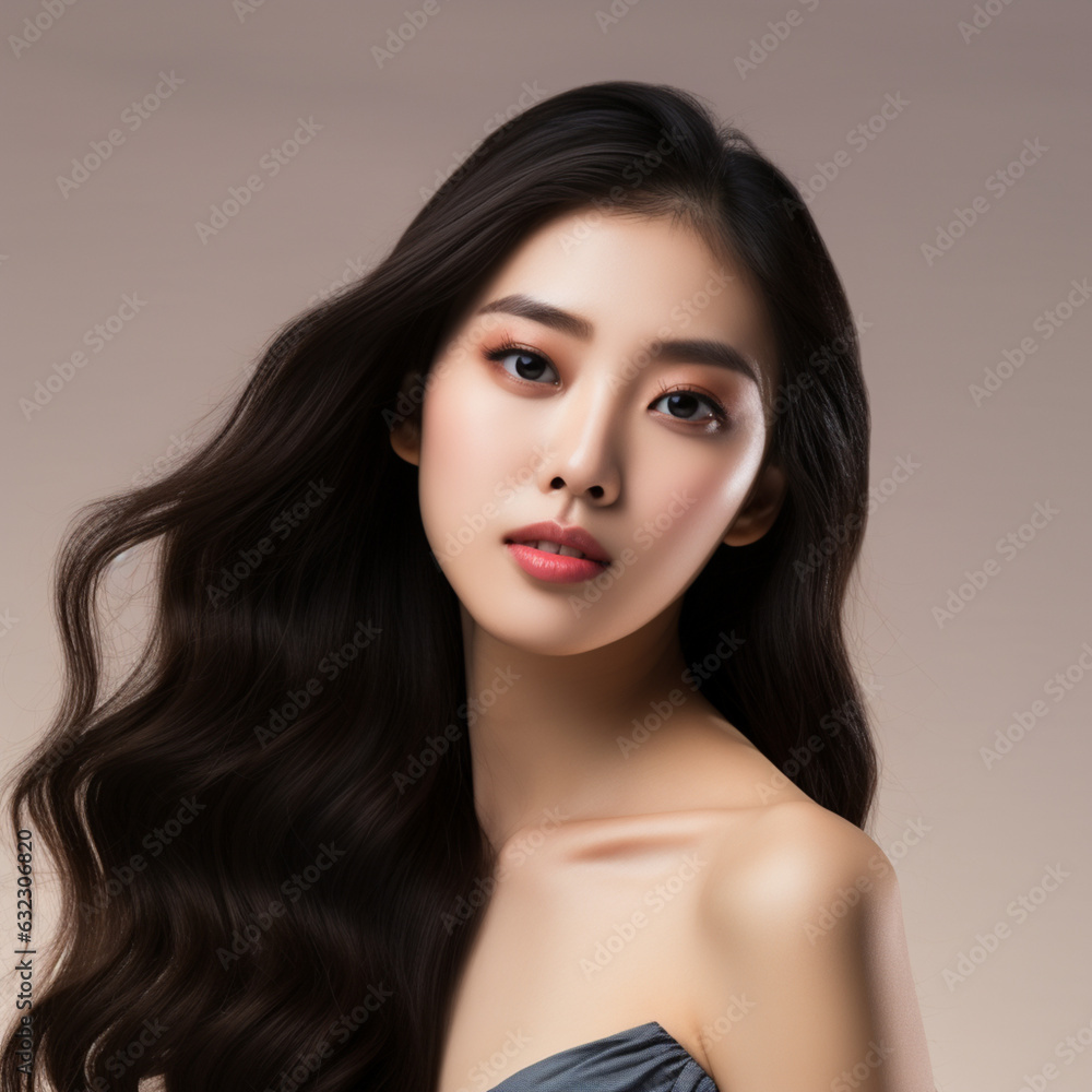 Young Asian Beauty Woman Model Long Hair With Korean Makeup Style Face