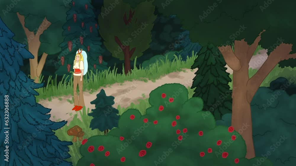 Scared lost girl walking along forest path. Adult female backpacker ...