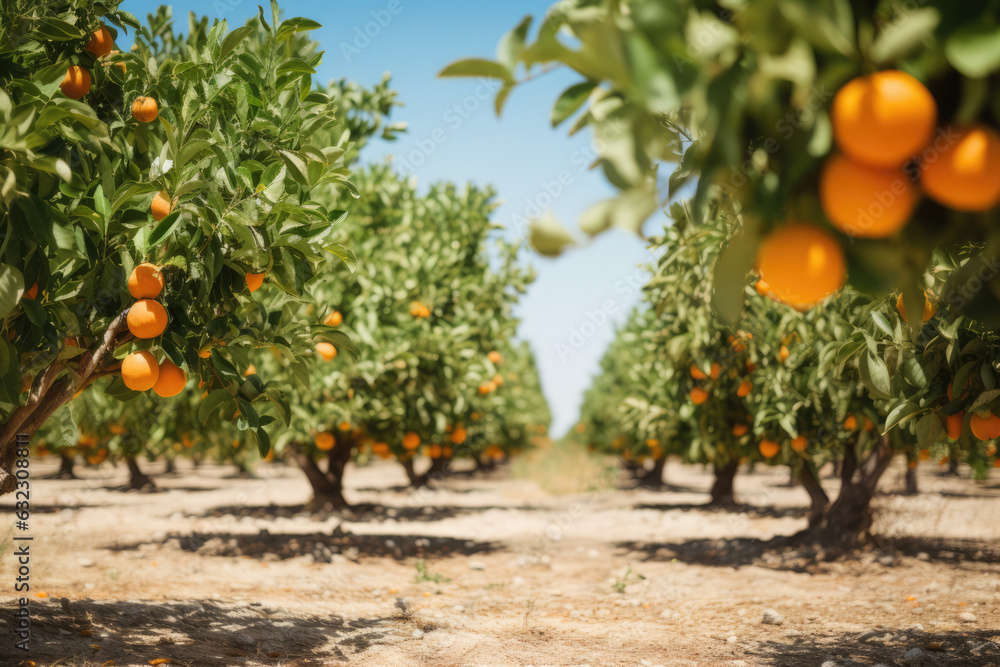 Orange garden. Fresh ripe oranges hanging on trees in orange garden ...