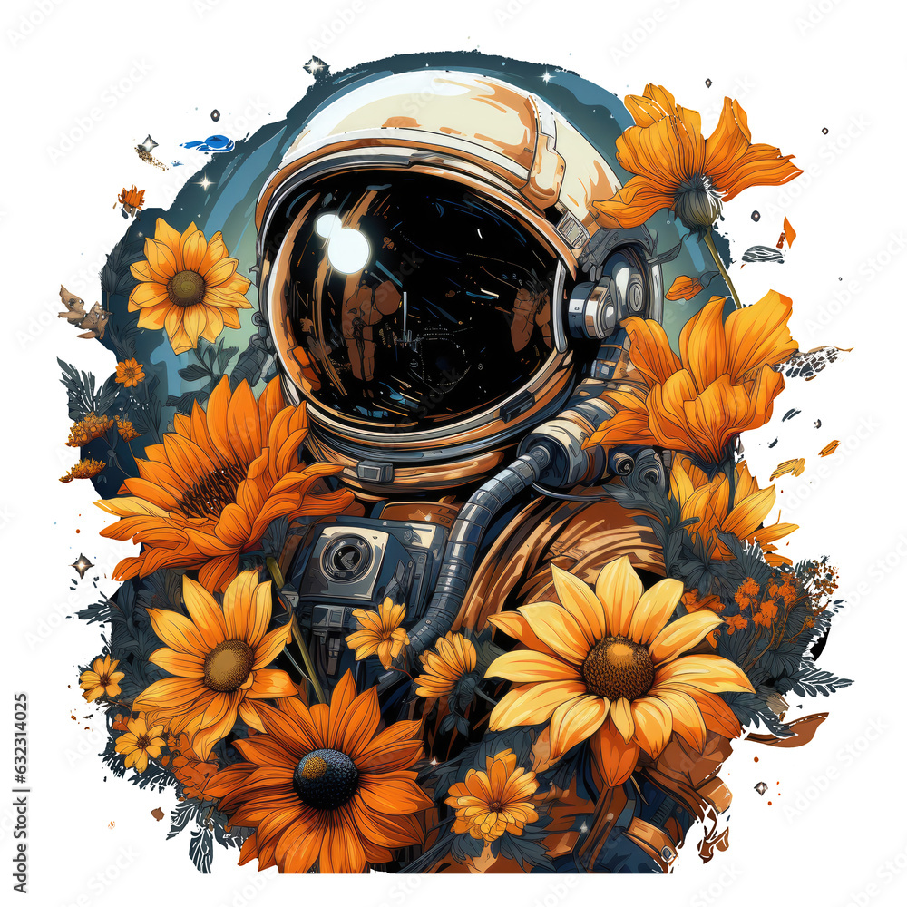 A futuristic sunflower t-shirt design set in a sunflower space station ...