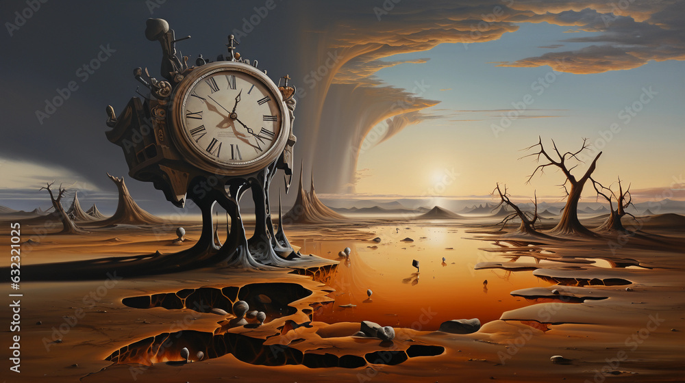 Surrealist oil painting of a clock melting, dreamy and distorted ...