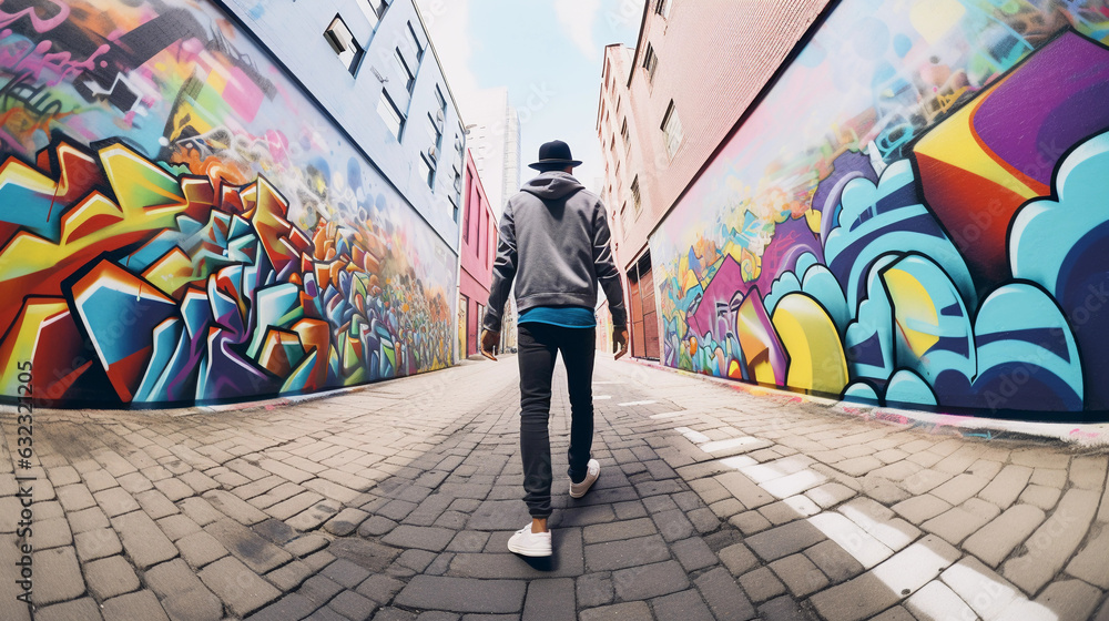 mural of a streetwear enthusiast walking downtown, colorful graffiti ...