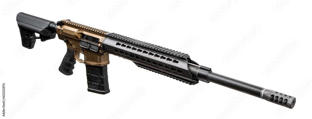 Modern automatic rifle isolated on white background. A gold-coloured ...