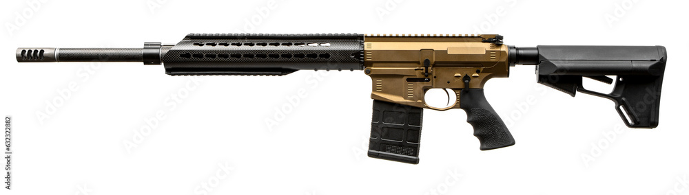 Modern automatic rifle isolated on white background. A gold-coloured ...