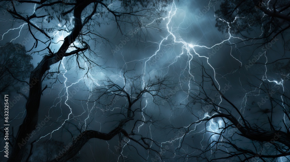 Dark illustration of spooky lightning in the night sky in the ...