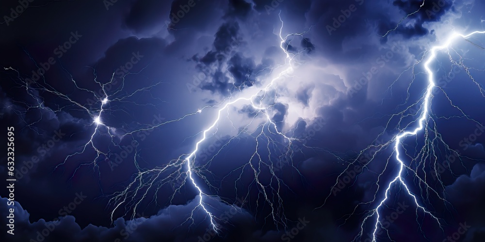 Dark illustration of spooky lightning in the night sky in the ...