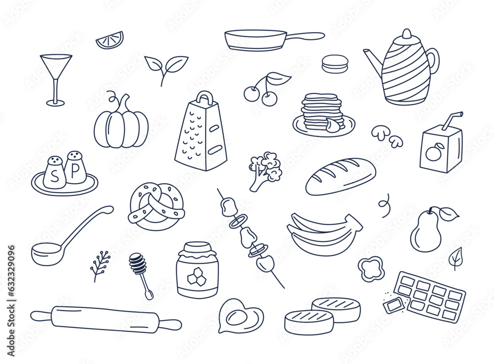 Food and kitchenware doodles vector set of isolated elements. Cooking ...
