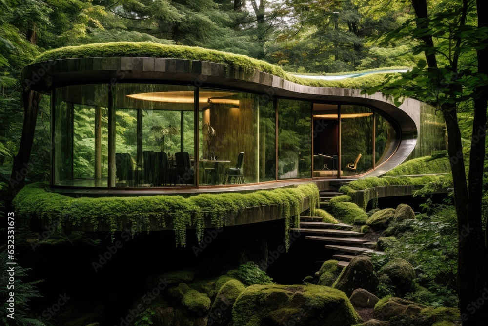 Modern glass house in the forest with organic architecture, flowy shape ...