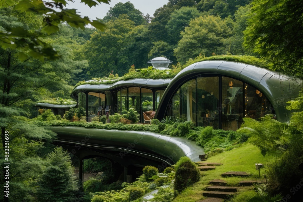 Modern glass house in the forest with organic architecture, flowy shape ...