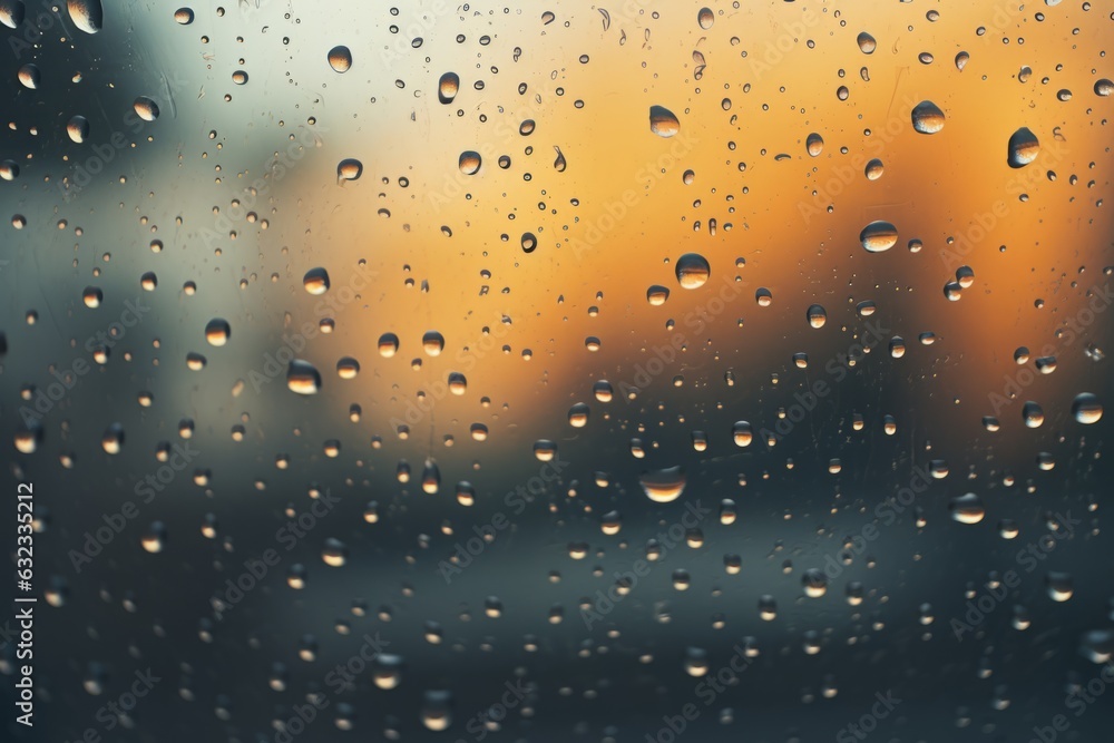 Shiny raindrops splashes falling cascading down wet glossy foggy glass ...