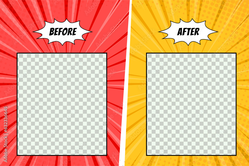 Colorful before and after frames. Two color retro background with ...