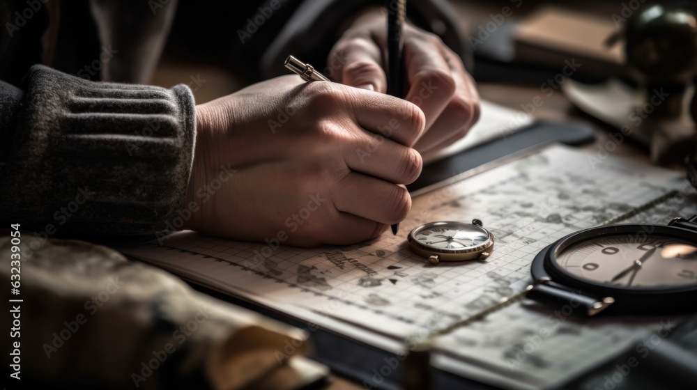 male hand drawing storyboard conceptual ideas with watch in the ...
